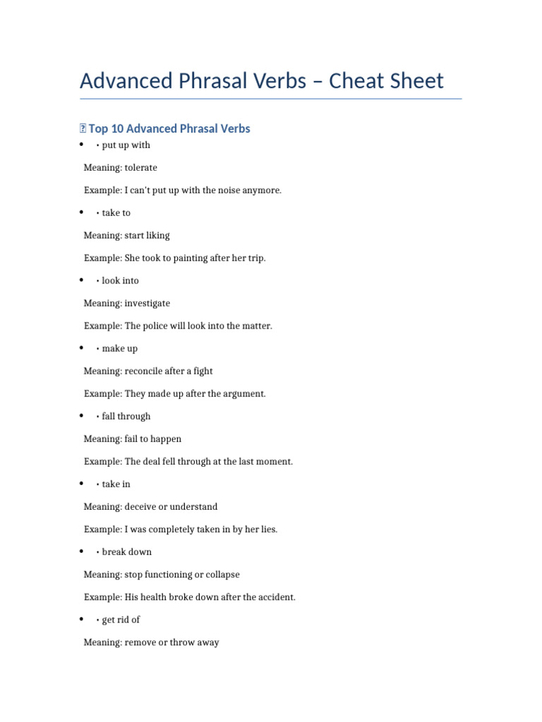 Advanced Phrasal Verbs Cheat Sheet | PDF