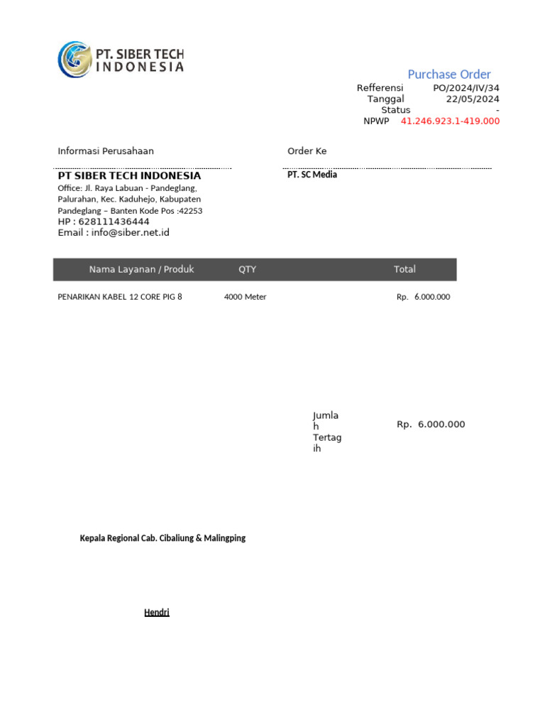 Purchase Order Kabel 12 Core 4000m | PDF