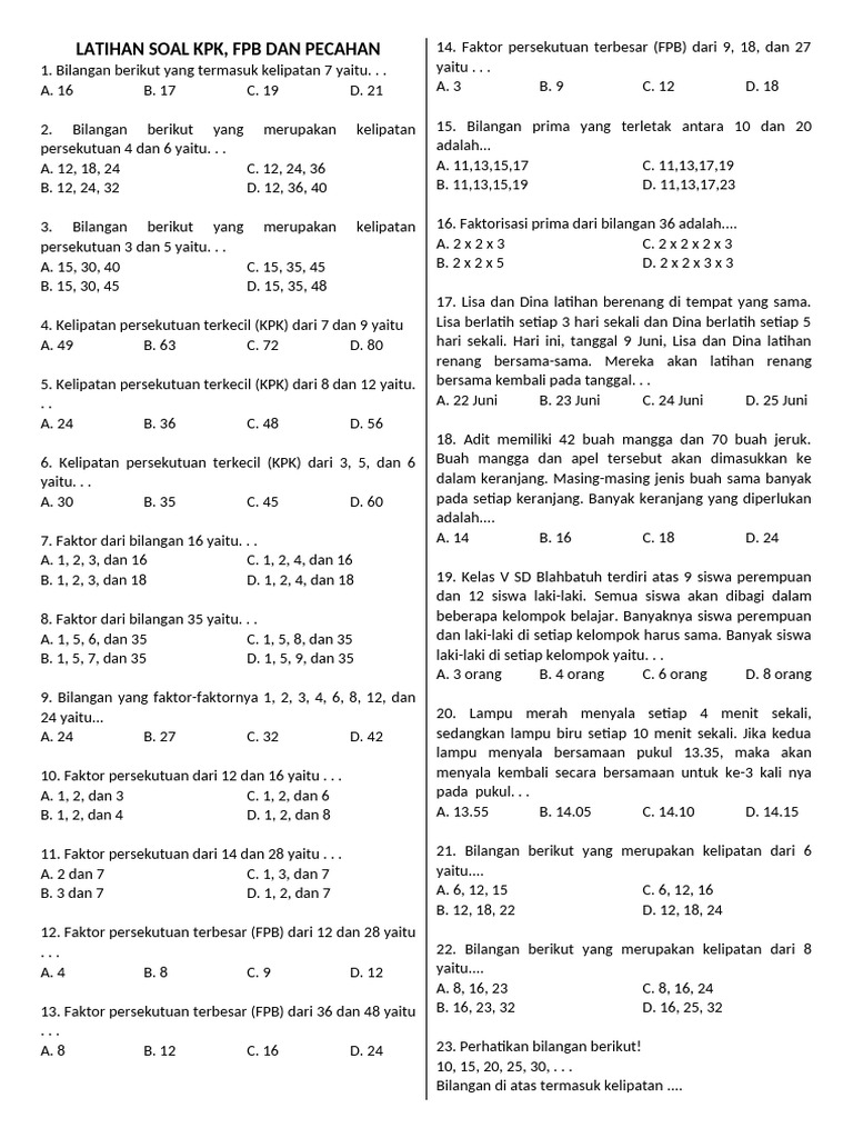 Latihan Soal KPK dan FPB Matematika | PDF