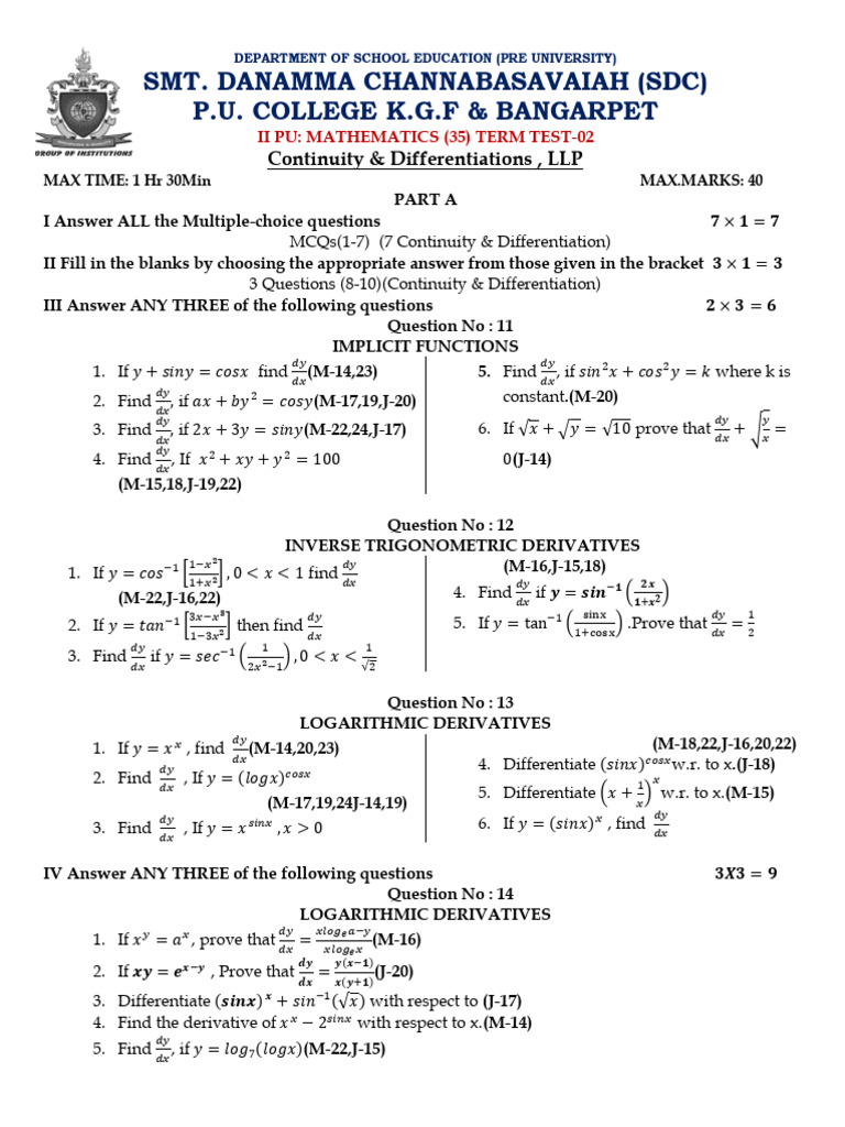 II PU Mathematics Term Test 02 | PDF | Linear Programming | Derivative