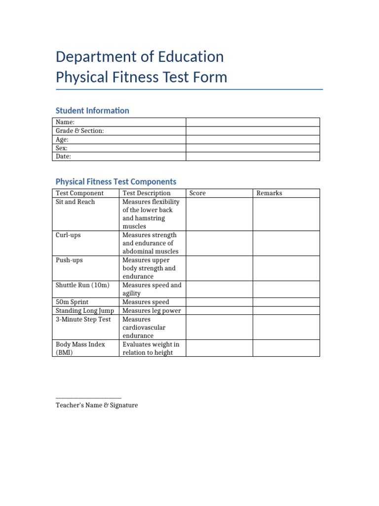 DepEd Physical Fitness Test Form | PDF