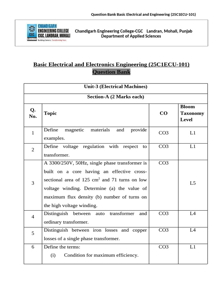 UNIT 3 BEEE Question Bank | PDF | Transformer | Physical Phenomena