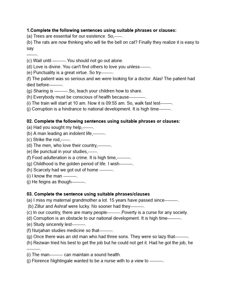 Completing Sentence Practice Sheet | PDF