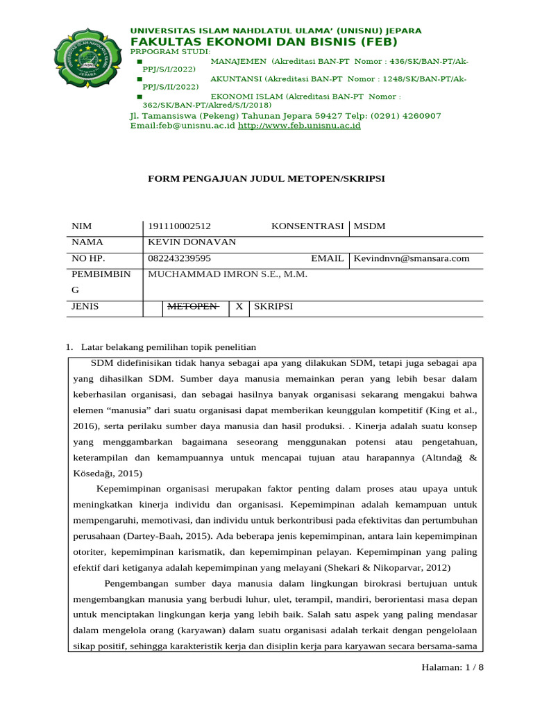 FM Skripsi Form Pengajuan Judul Skripsi Metopen | PDF