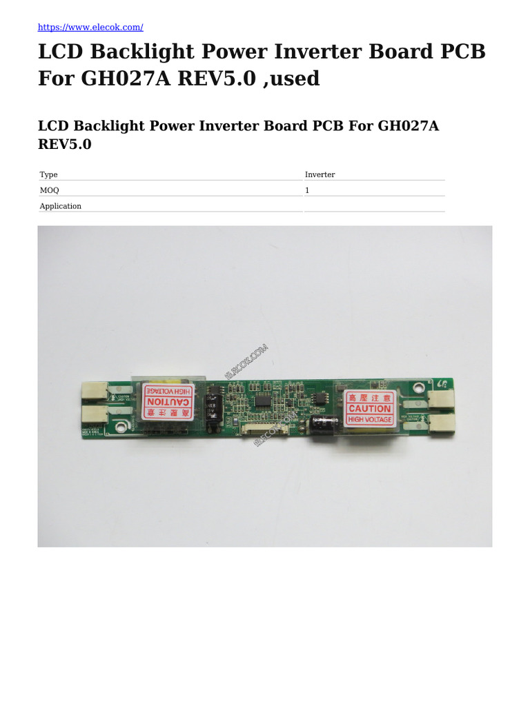 LCD Backlight Power Inverter Board PCB For GH027A REV5.0, Used (En) | PDF