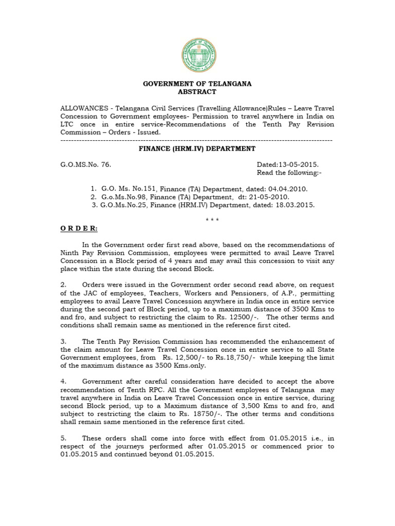 Telangana Leave Travel Concession Update | PDF | Government Of India ...