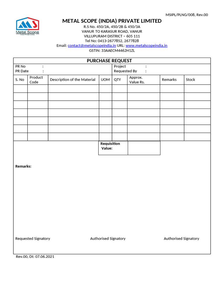 MSIPL PLNG 008 Purchase Request | PDF