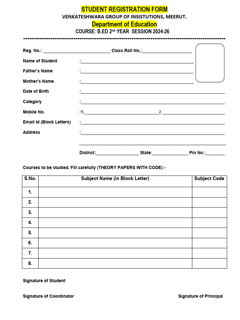 B.Ed 2nd Year Registration Form | PDF