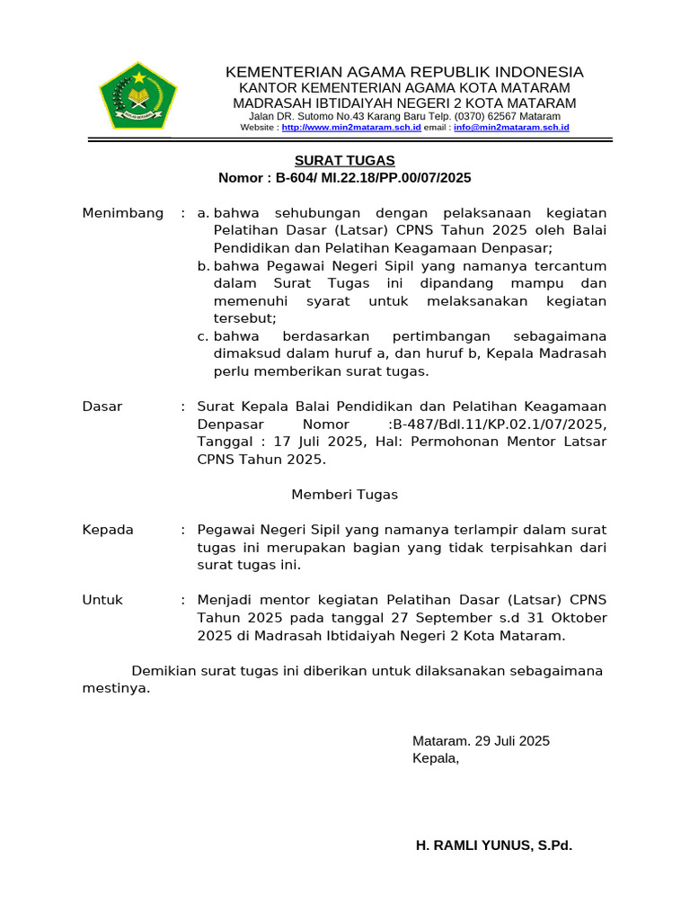 Surat Tugas Mentor Latsar CPNS 2025 | PDF