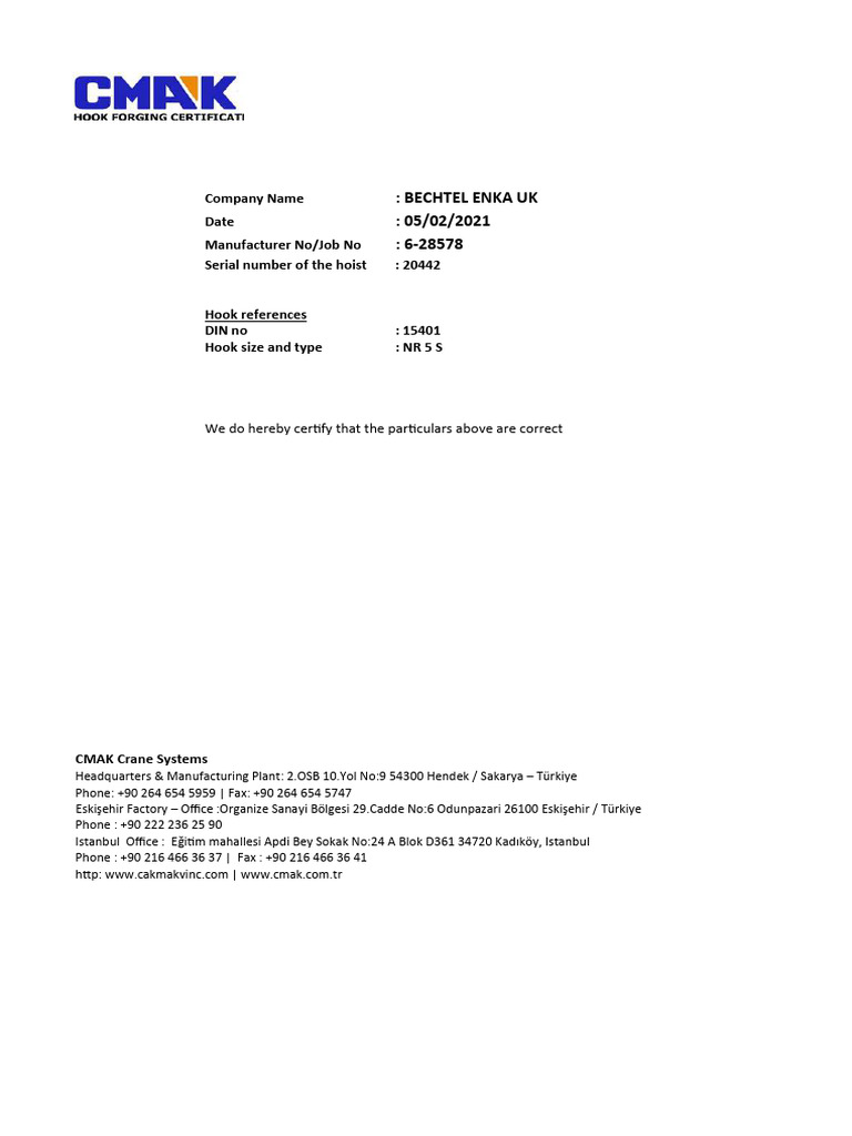 Hook Forging Certificate | PDF