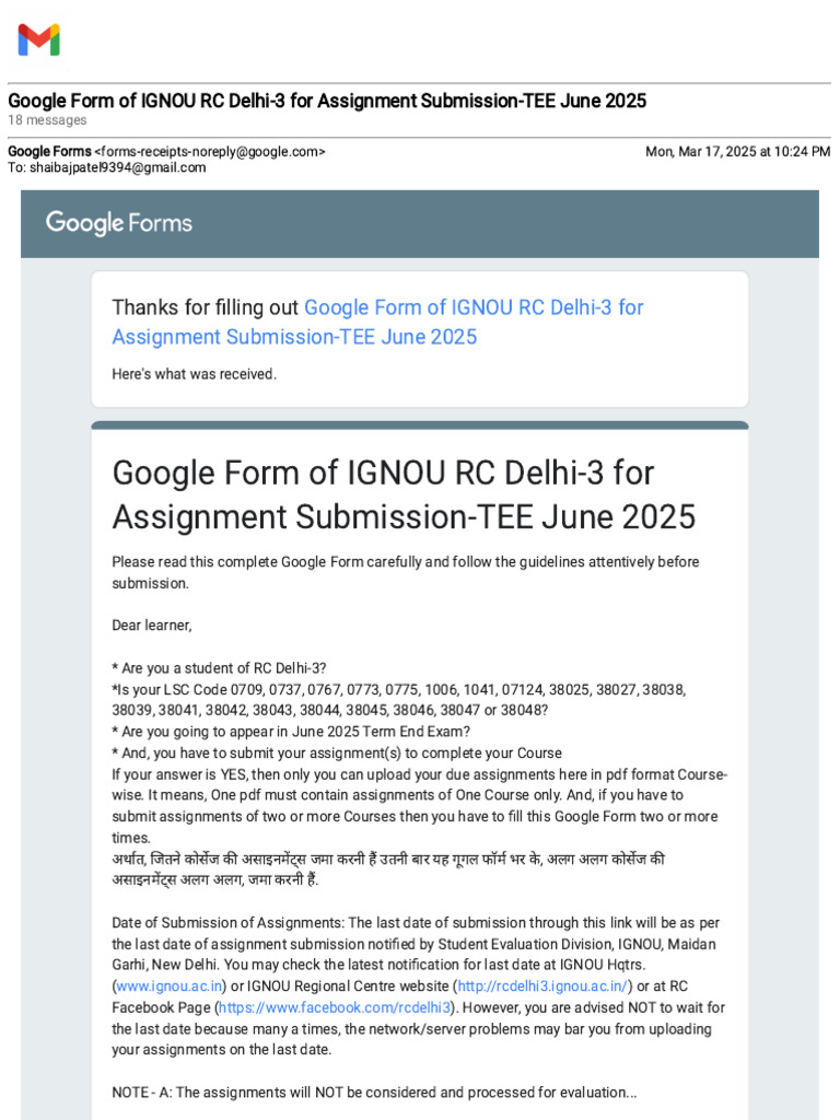 IGNOU RC Delhi-3 Assignment Submission Form | PDF | Email Address ...