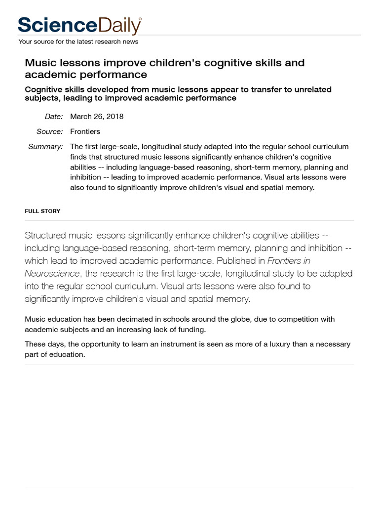 Music Lessons For Cognition | PDF | Working Memory | Memory