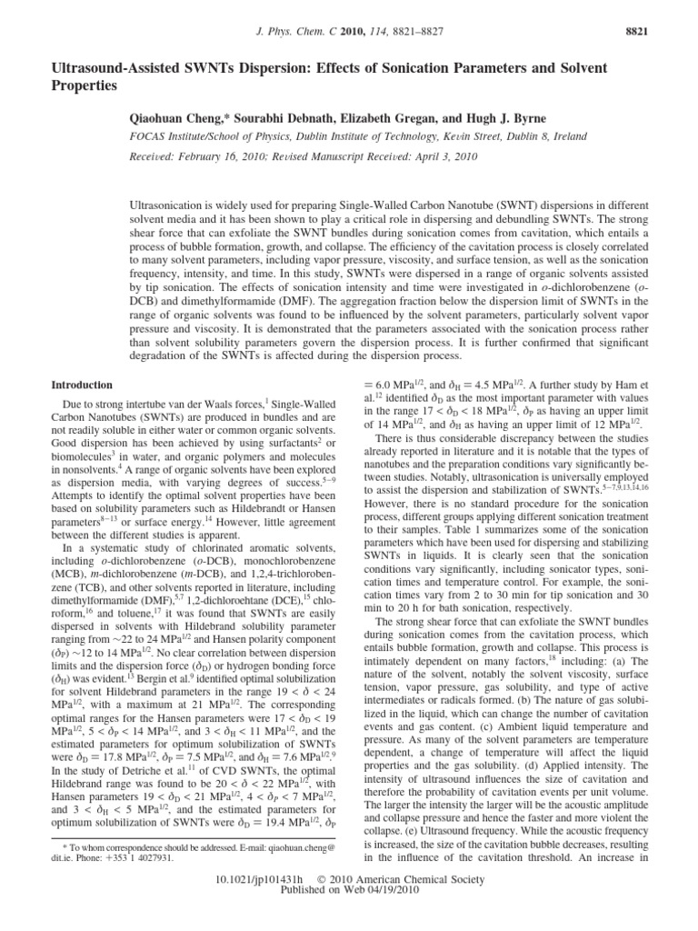 Cheng Et Al 2010 Ultrasound Assisted Swnts Dispersion Effects of ...