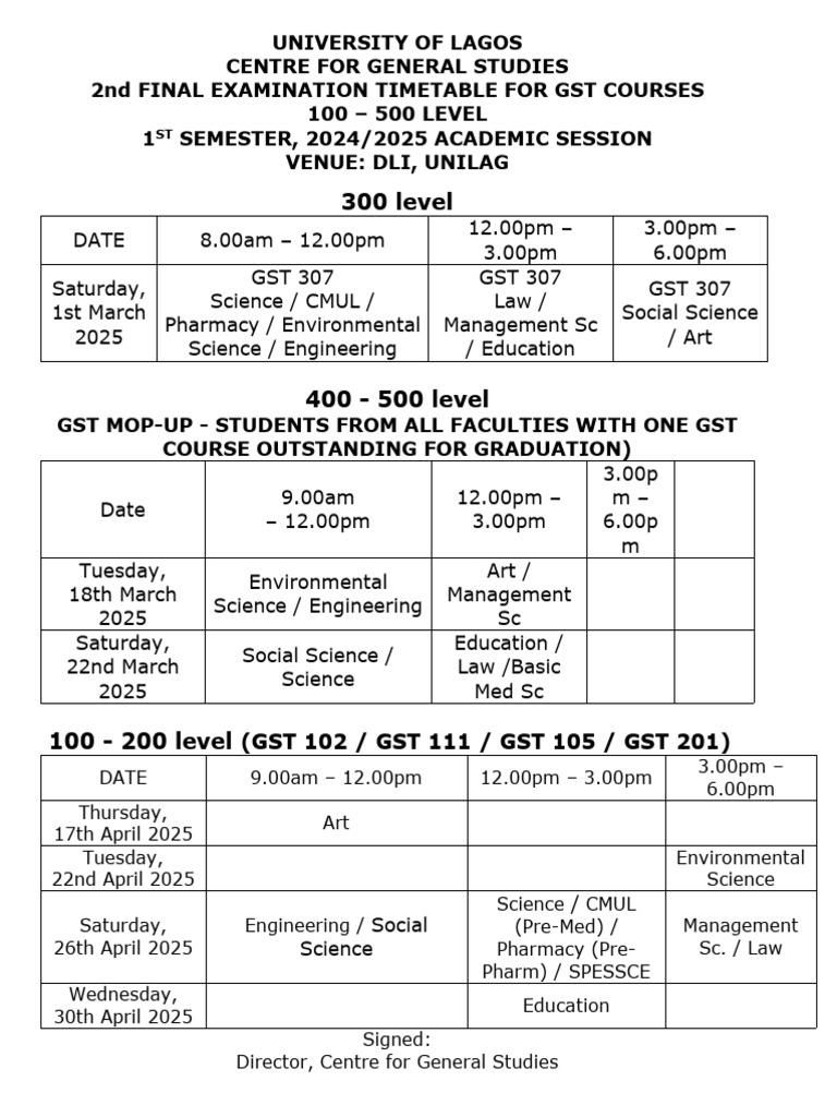 UNILAG GST Exam Timetable 2024/2025 | PDF | Educational Stages | Higher ...