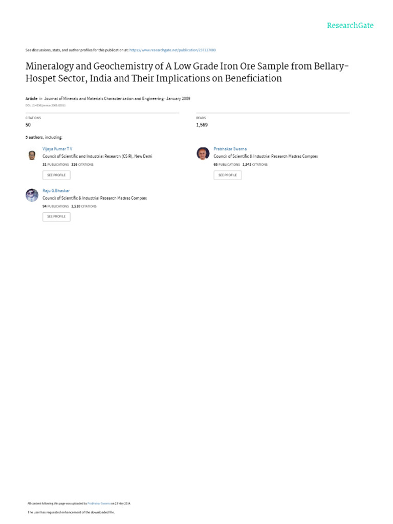 Mineralogy and Geochemistry of A Low Grade Iron Ore Sample From Bellary ...