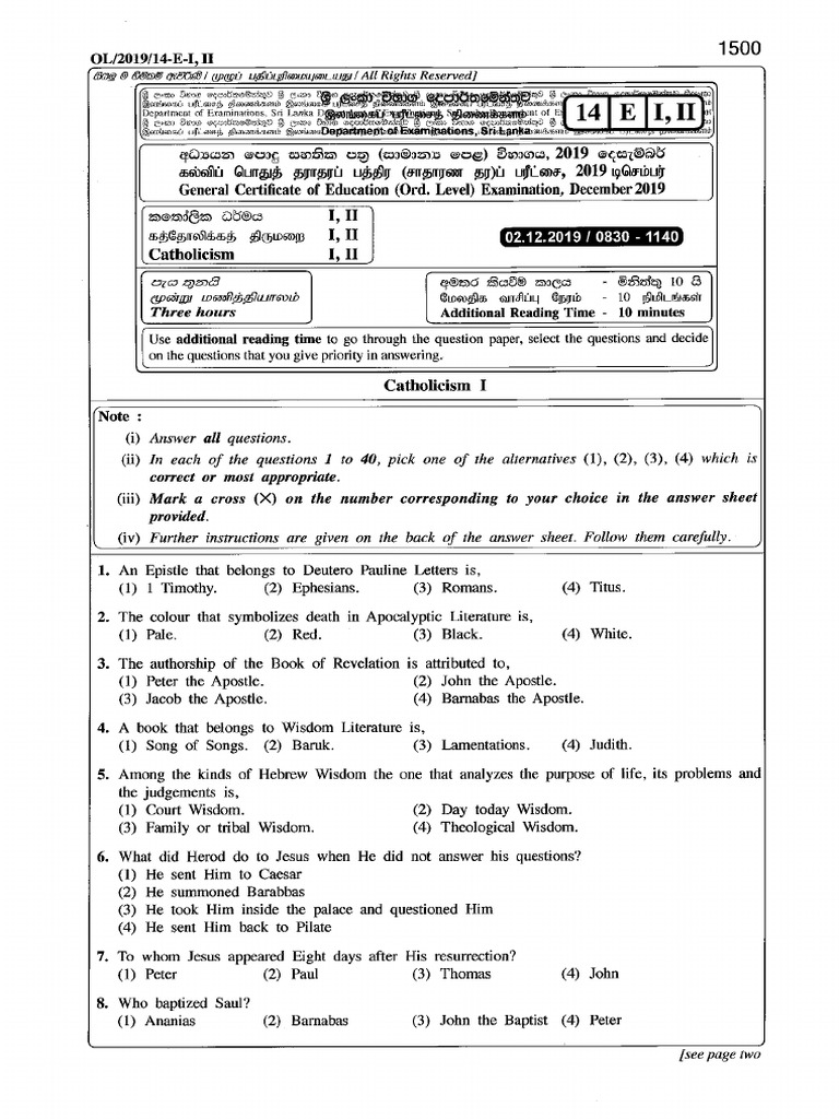 2019 OL Catholicism Past Paper English Medium | PDF