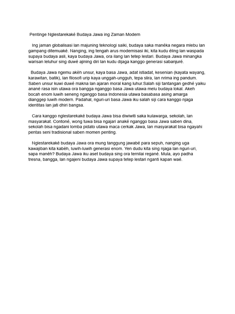 Pentinge Nglestarekaké Budaya Jawa Ing Zaman Modern | PDF
