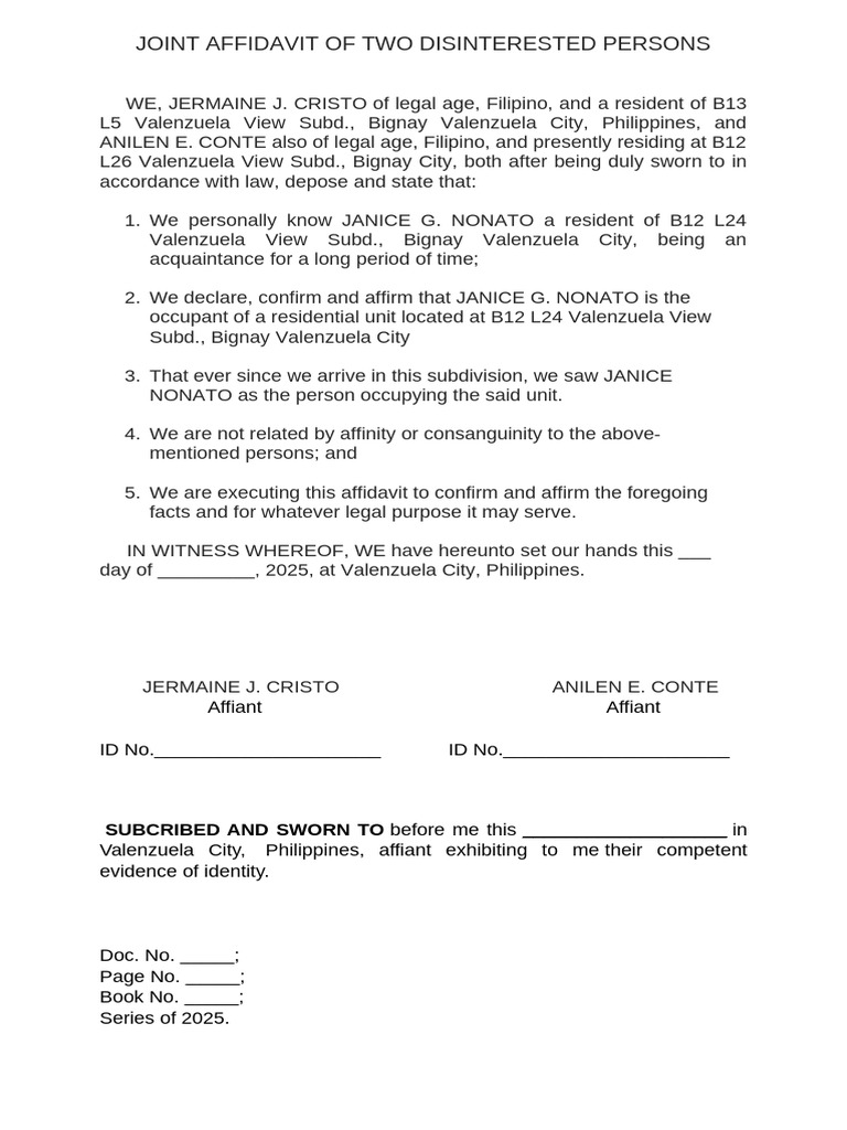 Joint Affidavit of Two Disinterested Persons | PDF