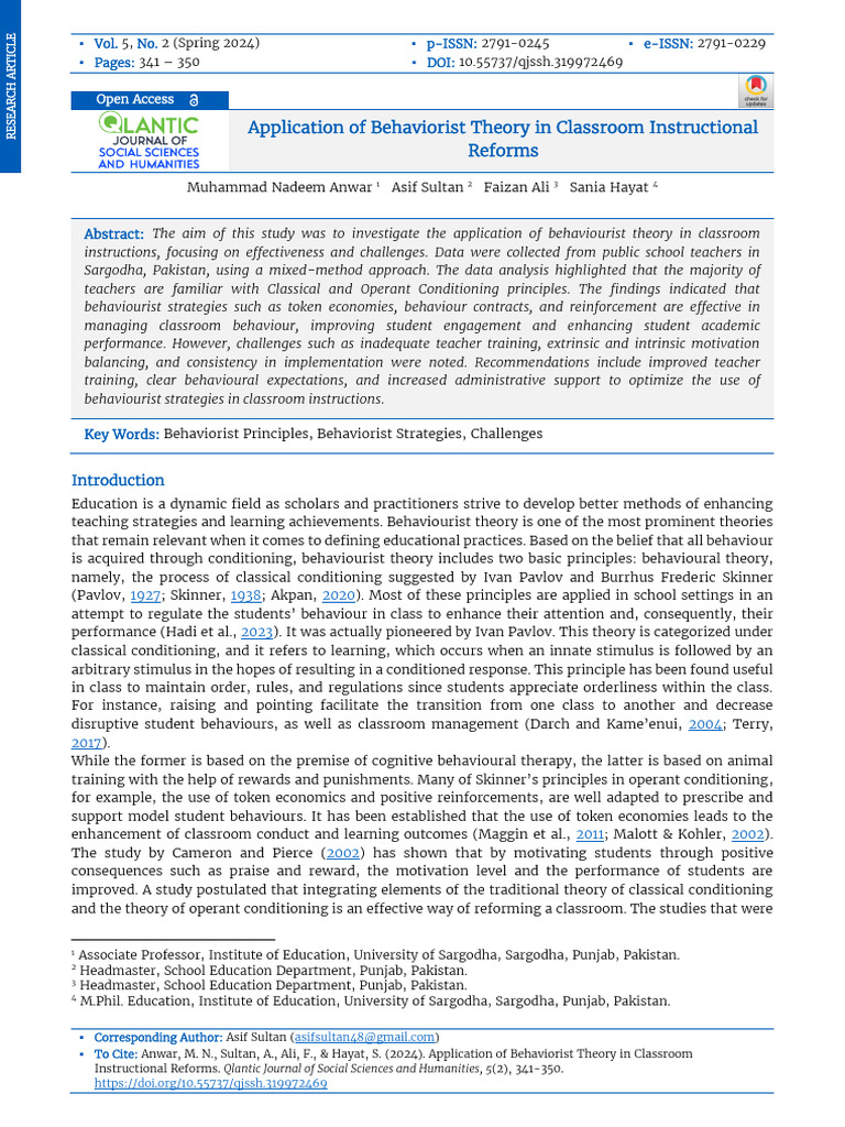 Application of Behaviorist Theory in Classroom Instructional Reforms ...