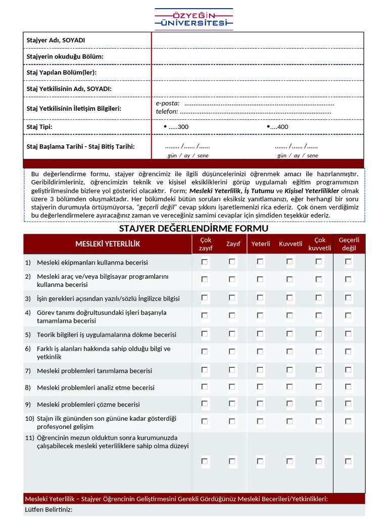 Isveren Zorunlu Staj Degerlendirme Formu 0 | PDF
