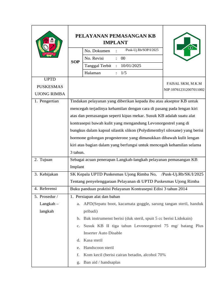 Prosedur Pemasangan KB Implant Puskesmas | PDF