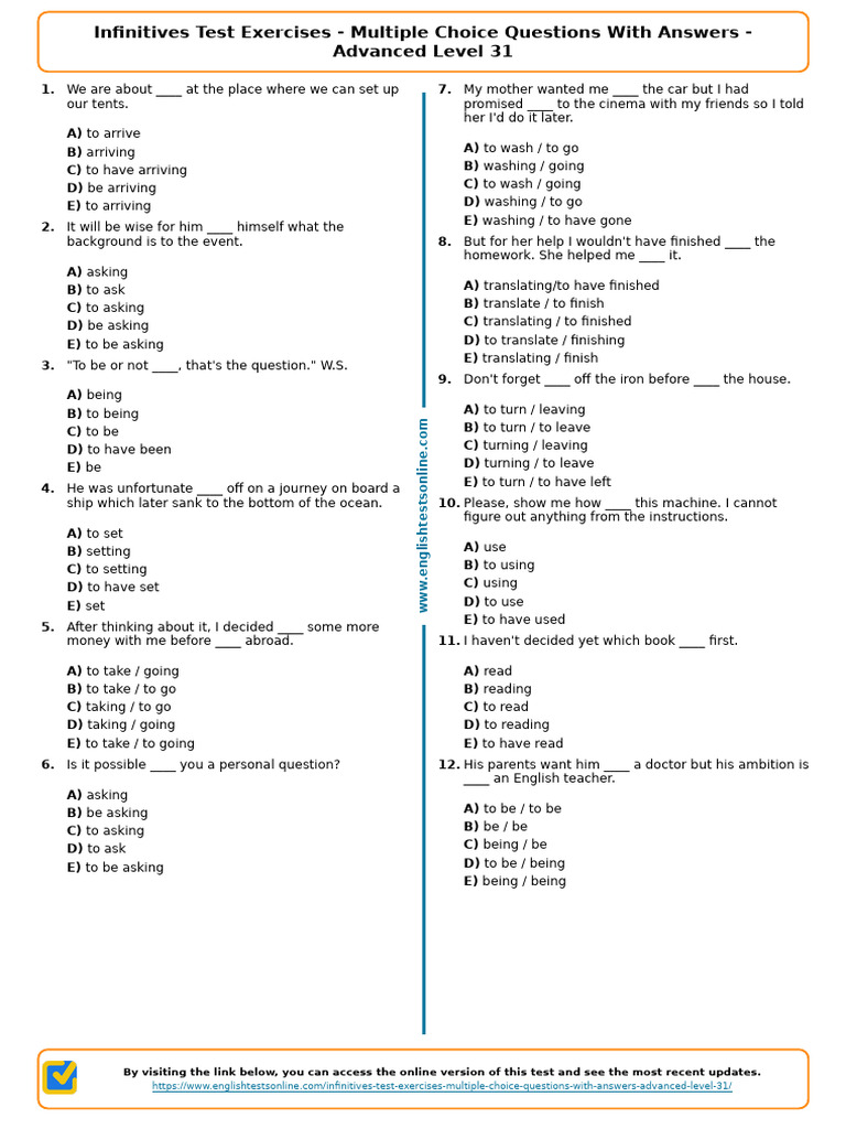 530 Infinitives Test Exercises Multiple Choice Questions With Answers ...