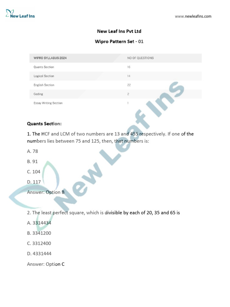 Wipro Exam Pattern Set - 01 | PDF | Integer (Computer Science) | Computing