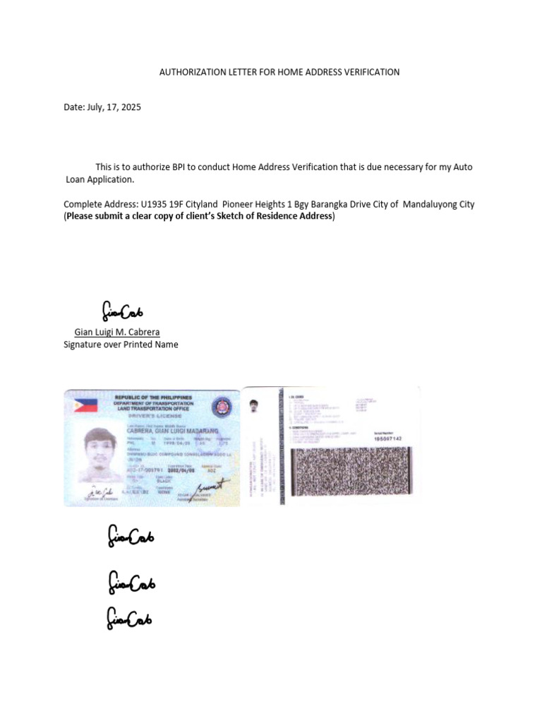 Authorization Letter For Home Address Verification | PDF