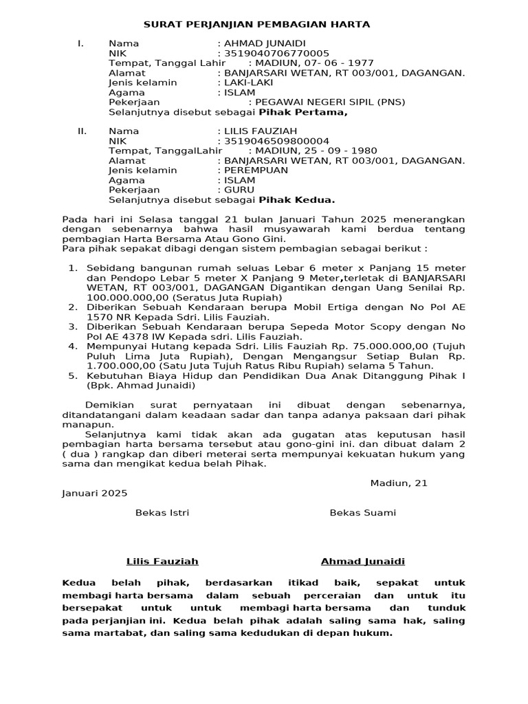 Surat Perjanjian Pembagian Harta Gono Gini | PDF