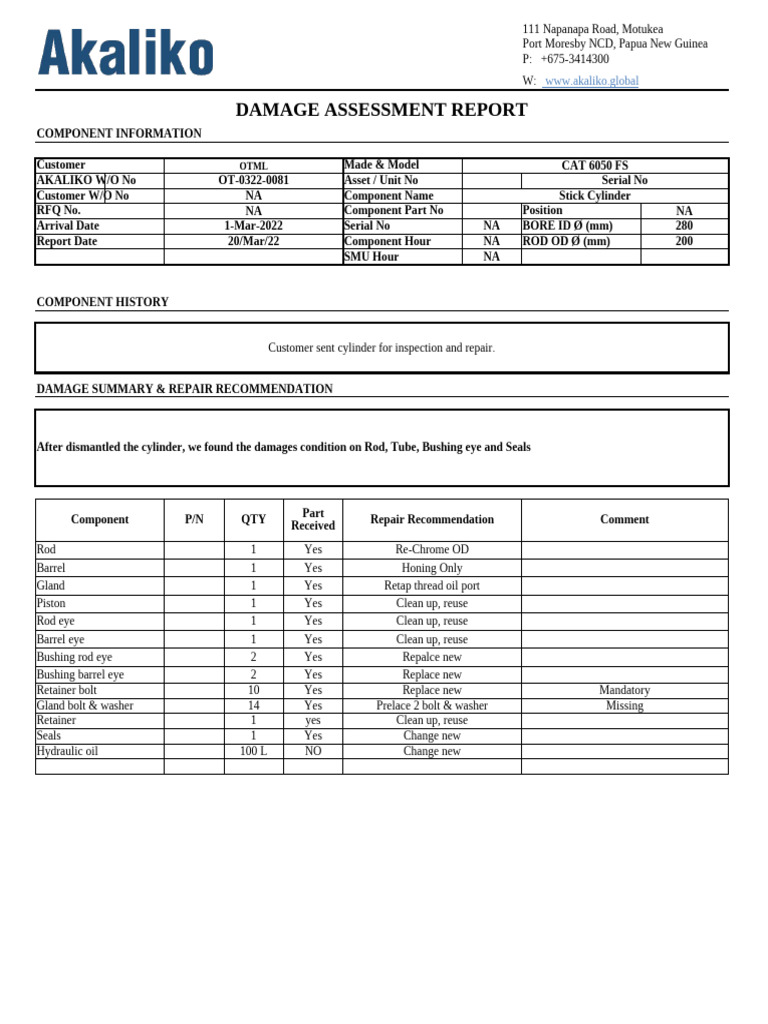 Damage Assessment Report for CAT 6050 FS | PDF | Screw | Gun Barrel