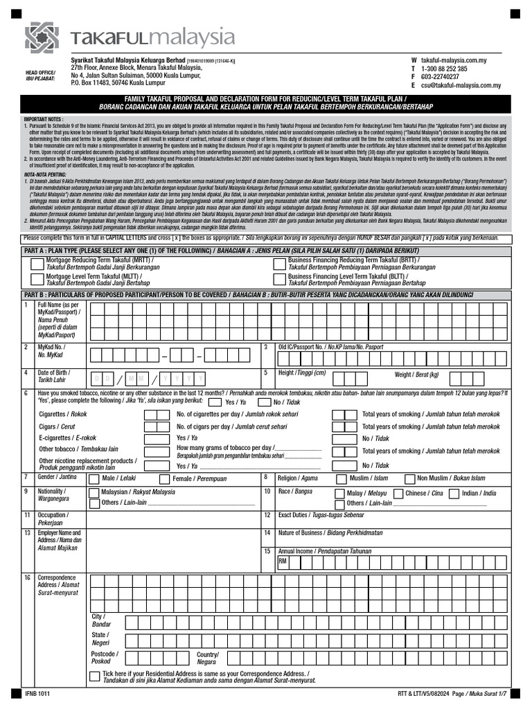 v5 Family Takaful Proposal and Declaration Form For Reducing Level Term ...