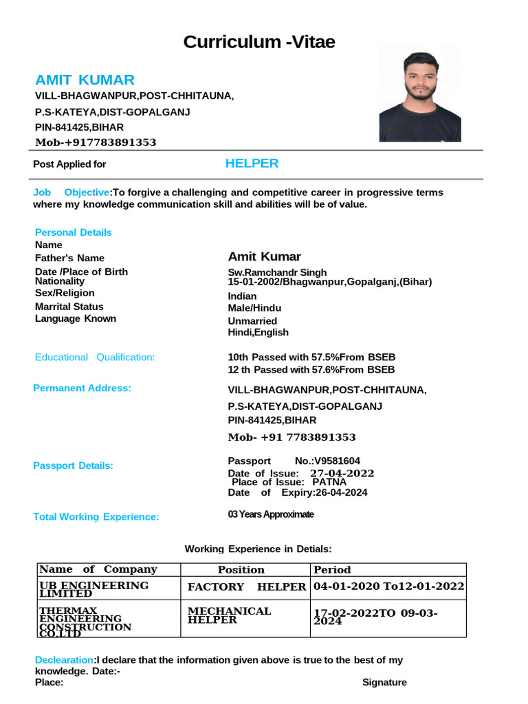 Amit Kumar's CV for Helper Position | PDF