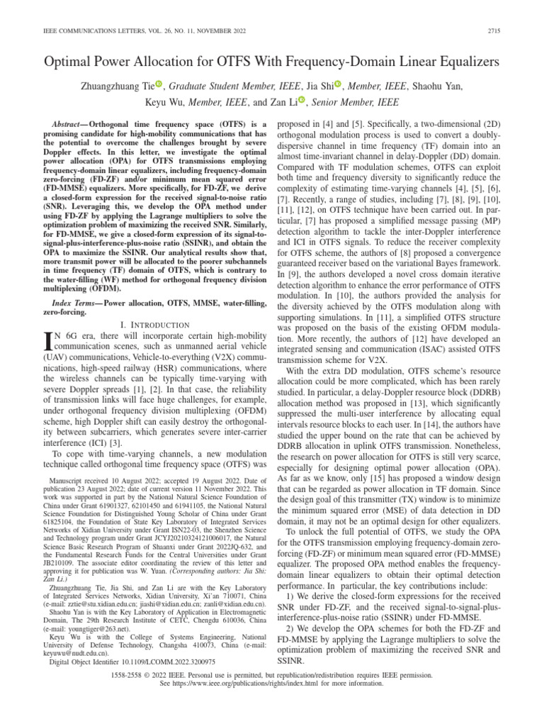 Optimal Power Allocation For OTFS With Frequency-Domain Linear Equalizers | PDF | Orthogonal ...