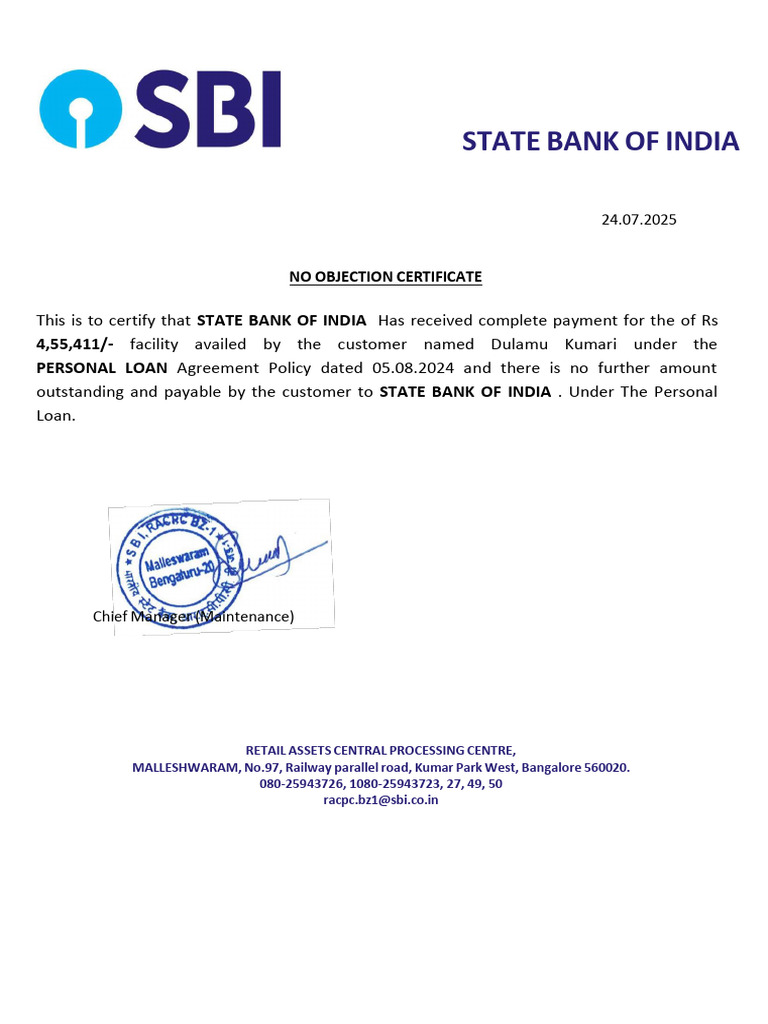 SBI No Objection Certificate for Loan | PDF
