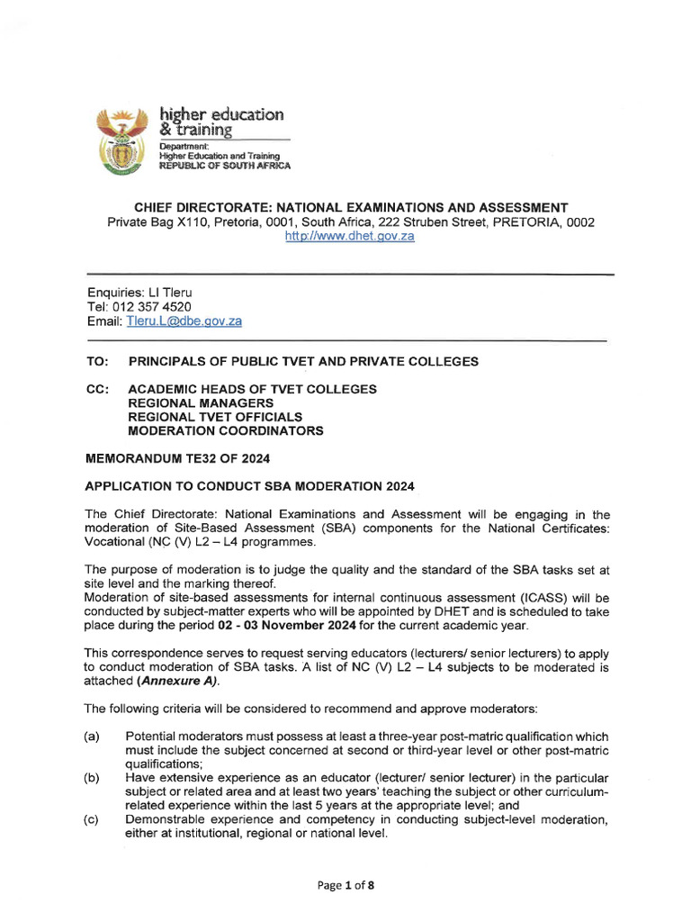Memo Te32 of 2024 Application To Conduct Sba Moderation 2024 | PDF