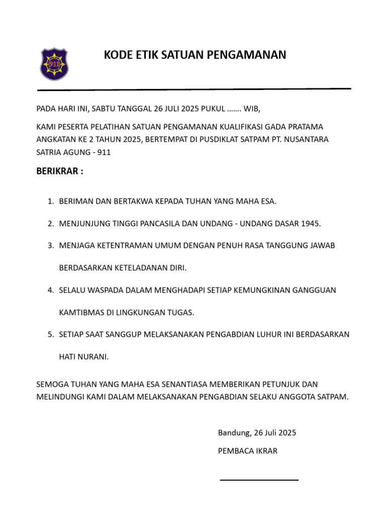 Kode Etik dan Ikrar Satpam 2025 | PDF