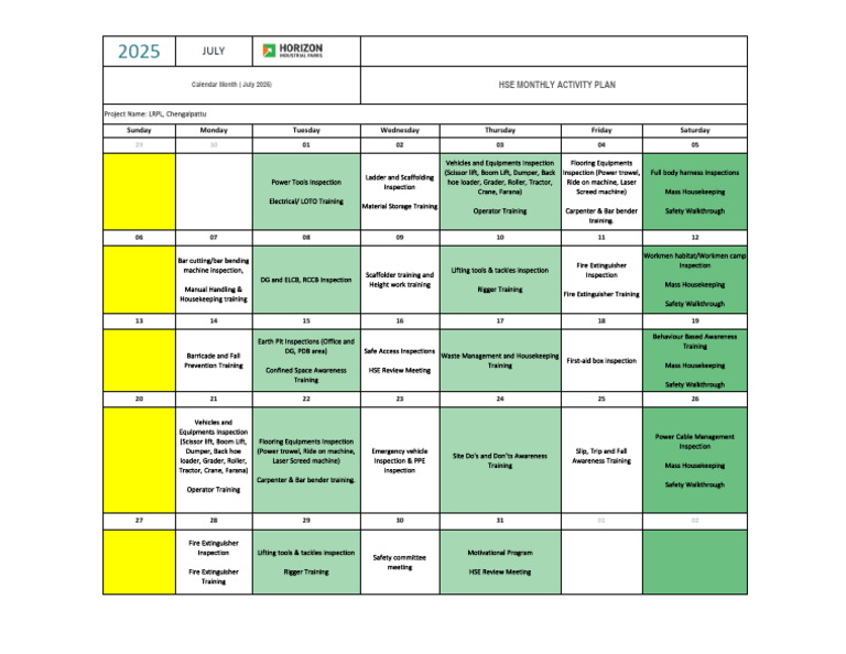 HSE Monthly Activity Plan (LRPL) Month July 2025 | PDF | Construction ...