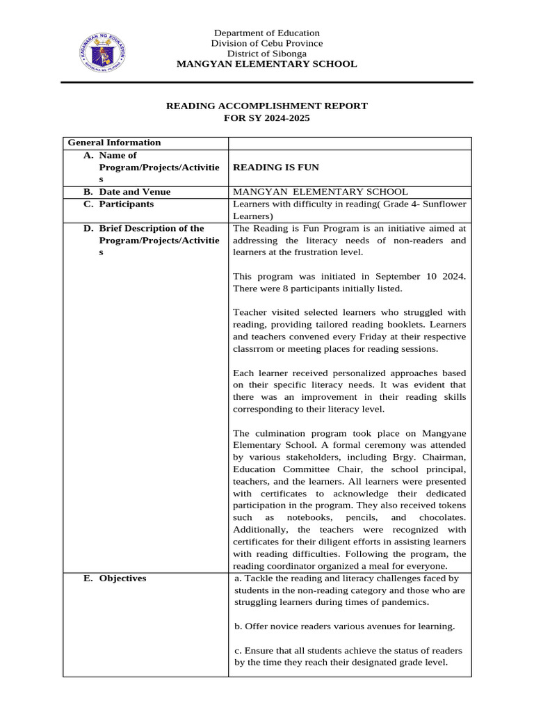 Reading Accomplishment Report | PDF | Literacy | Applied Linguistics