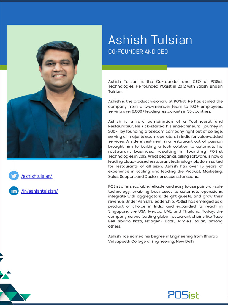 Ashish Tulsian: POSist Technologies CEO | PDF | Business | Economies