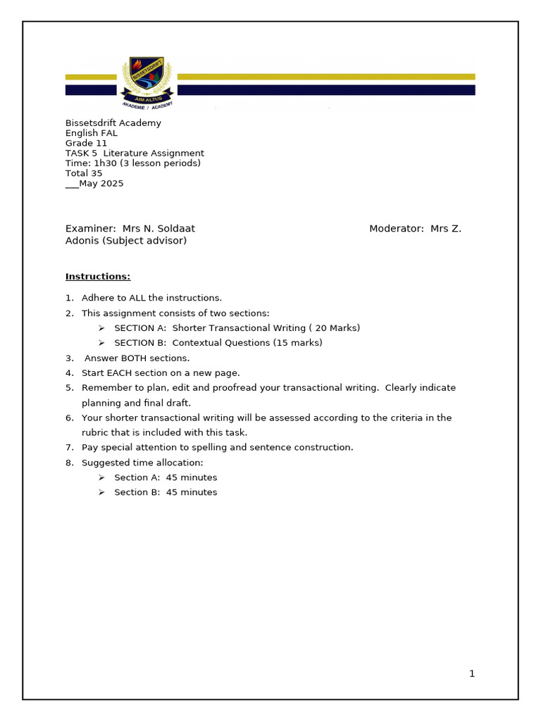 Grade 11 Literature Assignment Guide | PDF