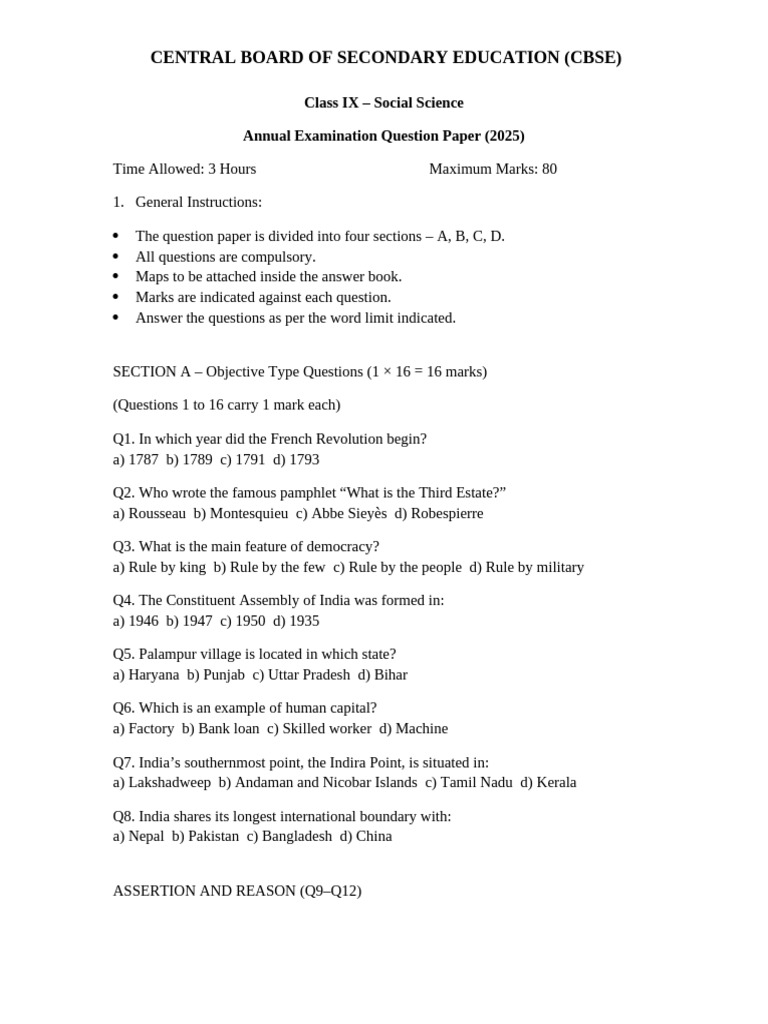 Class 9 CBSE SST Annual Exam 2025 | PDF
