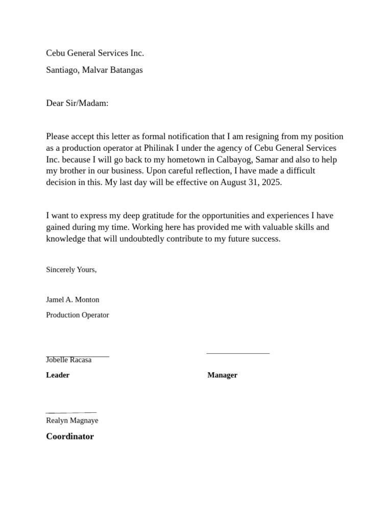 Resignation Letter for Production Operator | PDF