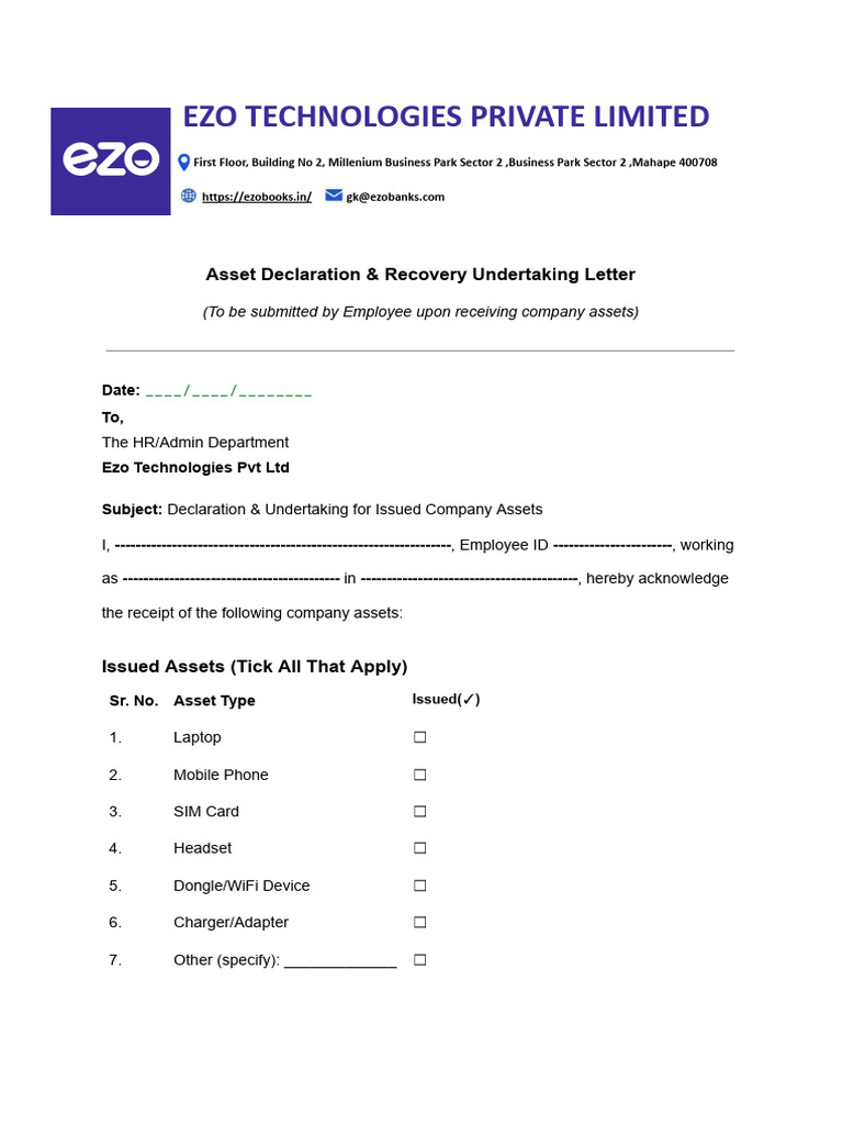 Asset Declaration & Recovery Undertaking Letter | PDF