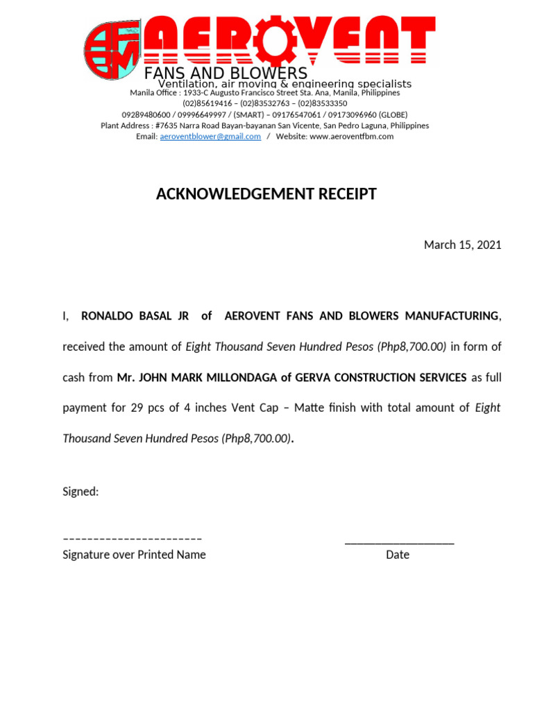 Acknowledgement Receipt for Vent Caps | PDF
