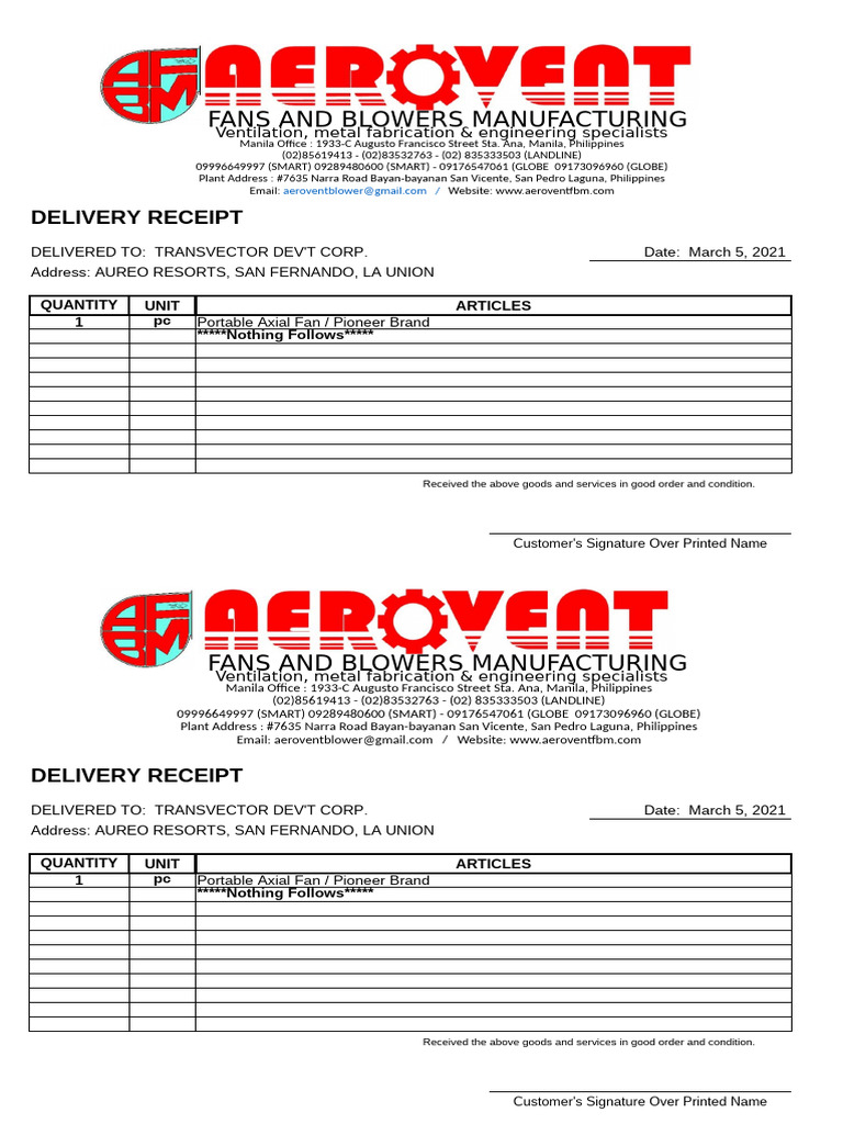 Delivery Receipts for Fans and Blowers | PDF | Equipment | Engineering ...