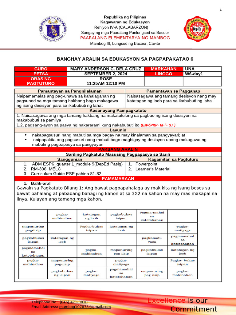 DLP Esp 1st Quarter Week6 Day1 Dela Cruz | PDF