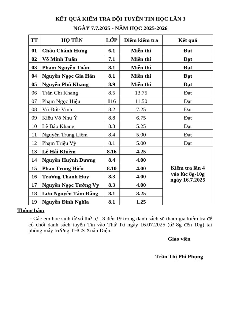 Ket Qua Kiem Tra Tuyen Tin Lan 3 Ngay 7.7.2025 | PDF
