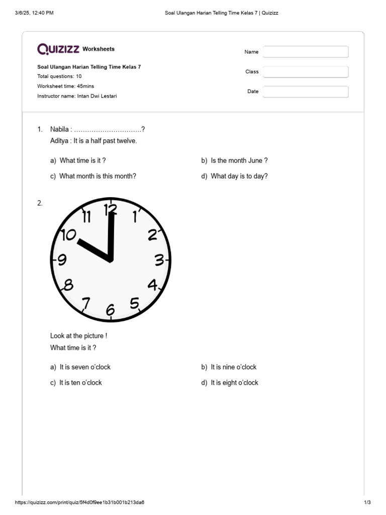 Soal Telling Time Kelas 7 | PDF | Chess Openings | Chess