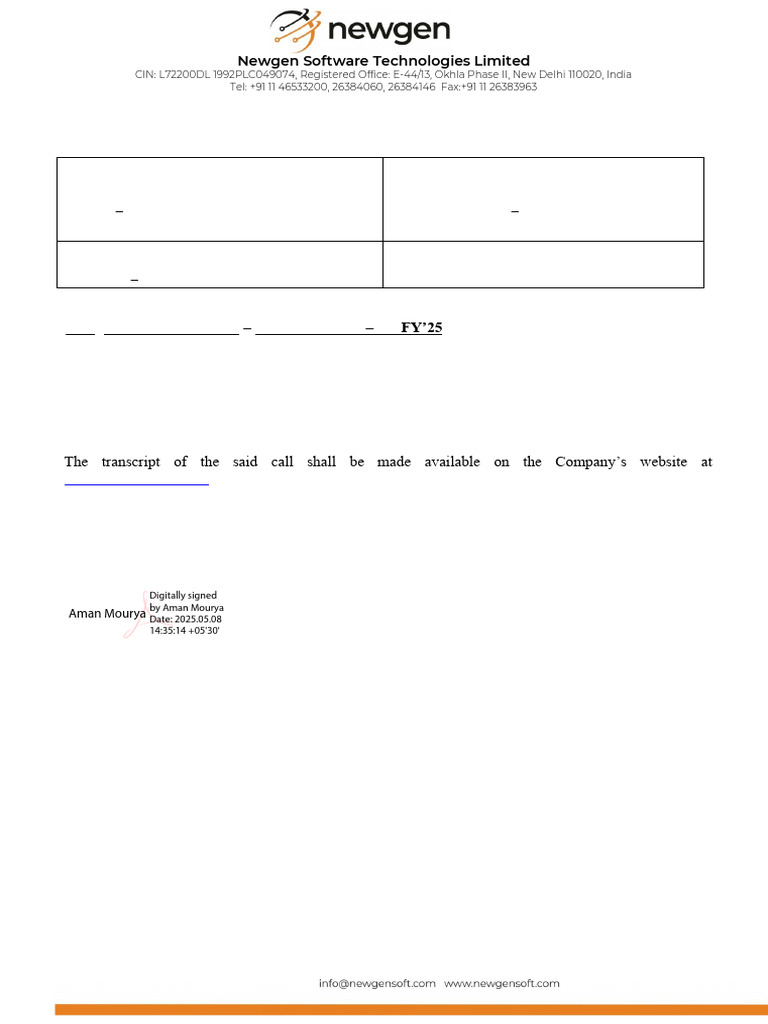 Sub.: Outcome Transcript - Conference Call - Q4 FY'25: Date: BSE ...
