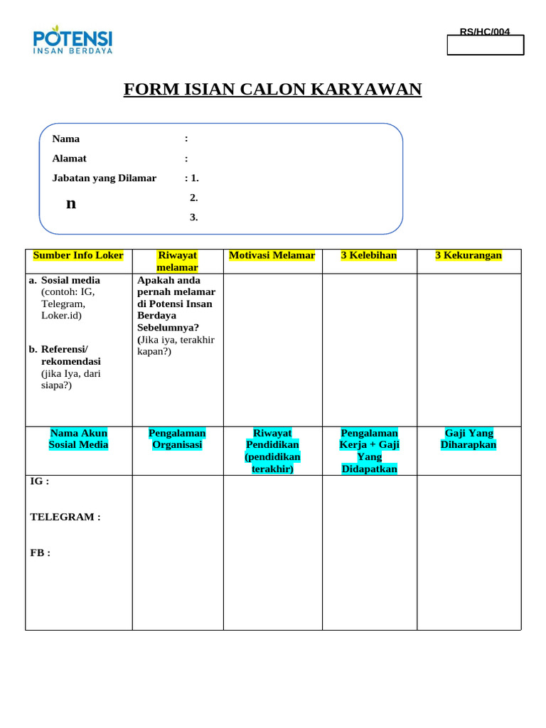 Form Isian Calon Karyawan 2025 | PDF
